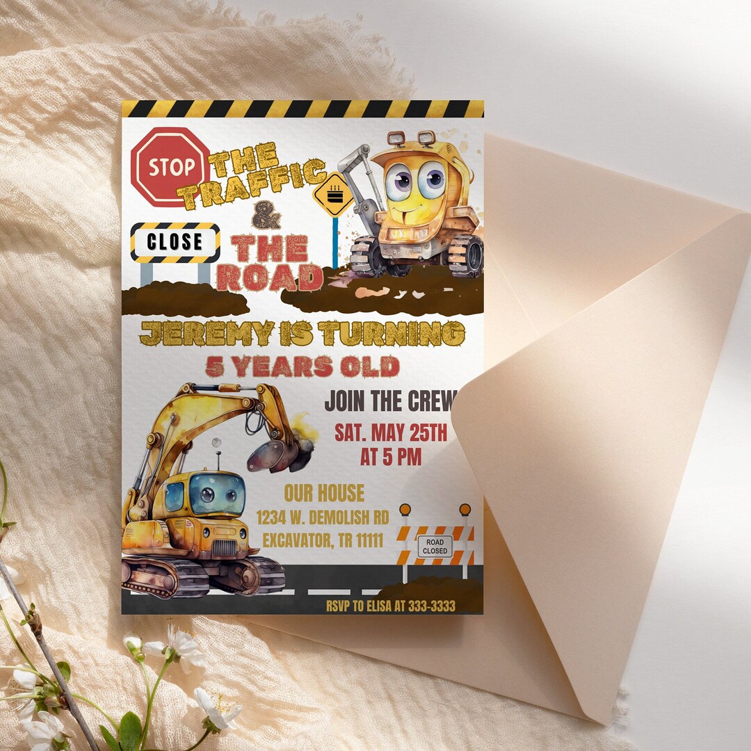 Cute Construction Excavator Birthday Invitation Template Editable Boys ...