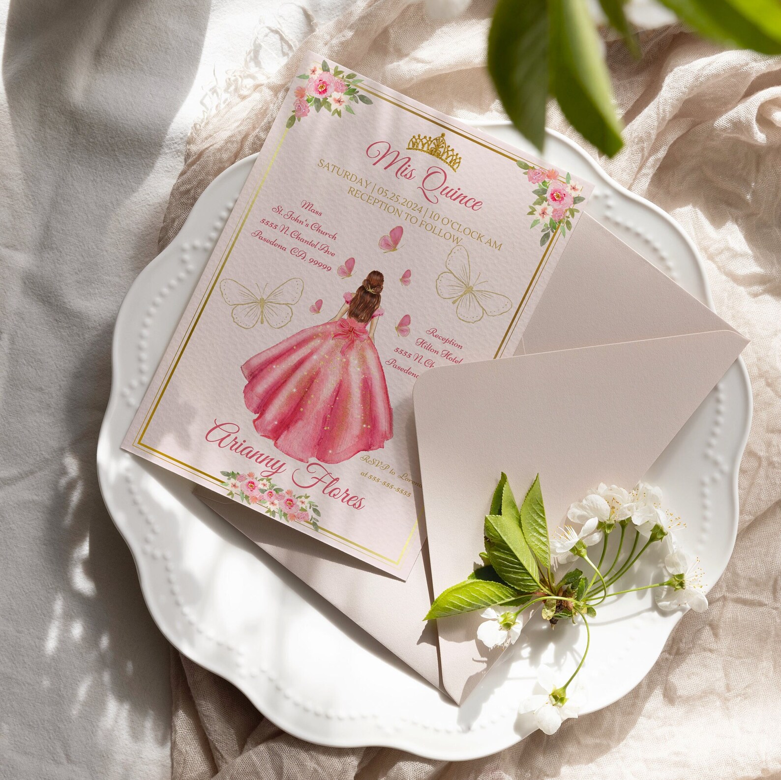 Pink Quinceañera Invitation Template, Customizable Pink Quince Invite ...