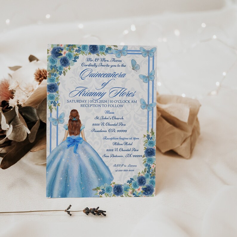 Light Blue Floral Quinceañera Invitation, Mis 15, Floral Quince Invite ...