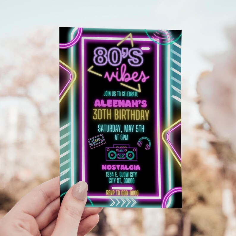 80's Theme Neon Birthday Party Invitation, 80s Birthday Party, I Love ...