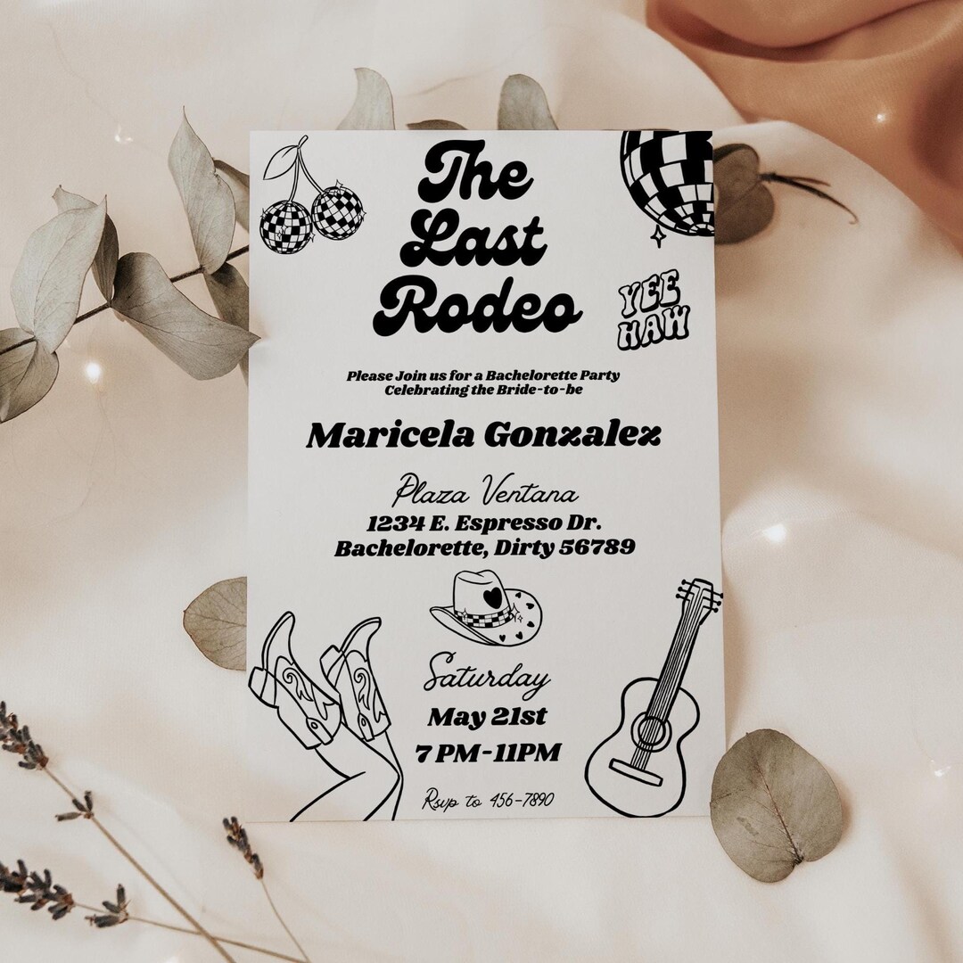 The Last Rodeo Bachelorette Invitation, Disco Cowgirl Theme, Black and ...