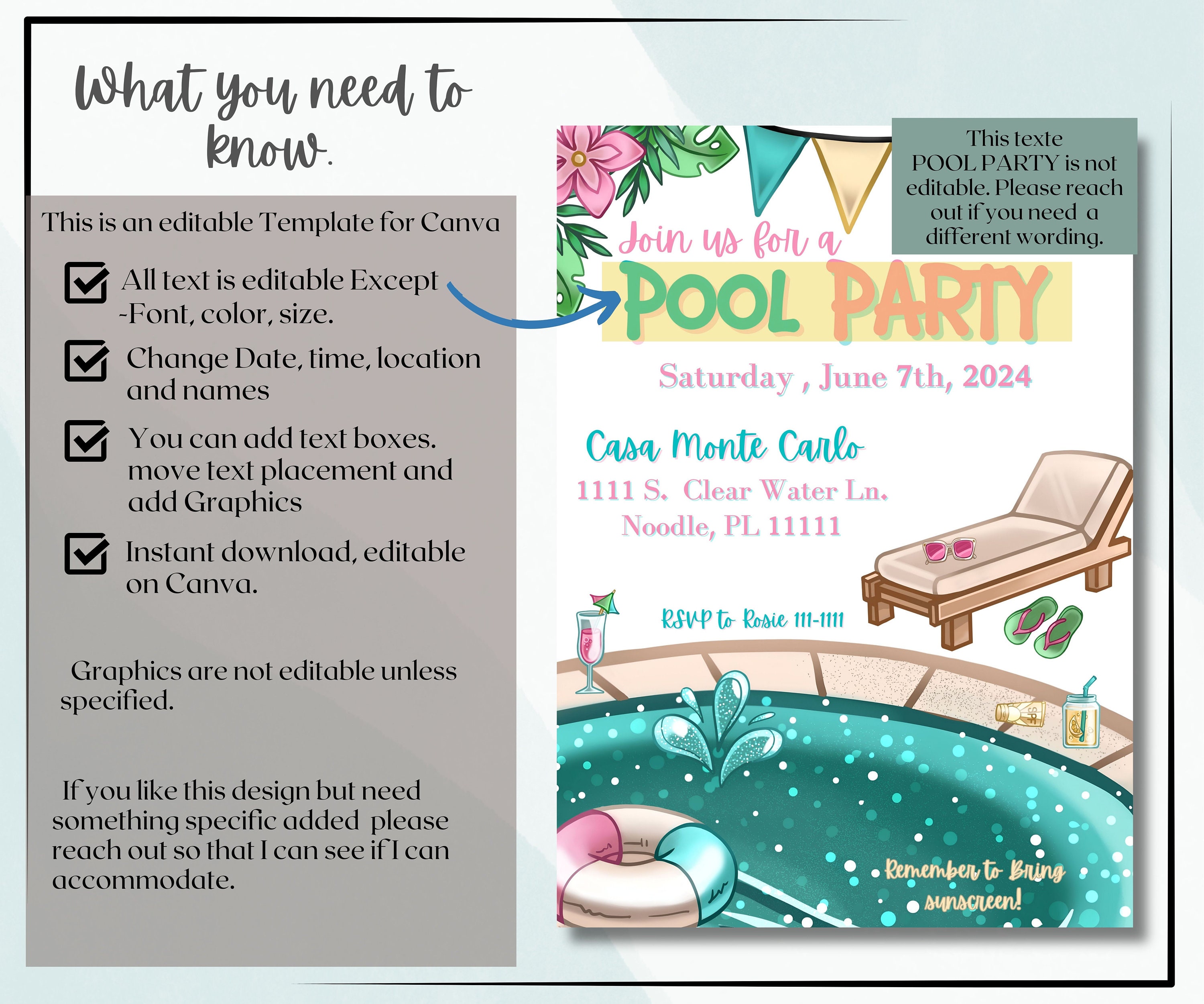 Cute Colorful Pool Party Invitation Template, Summer Invitation ...