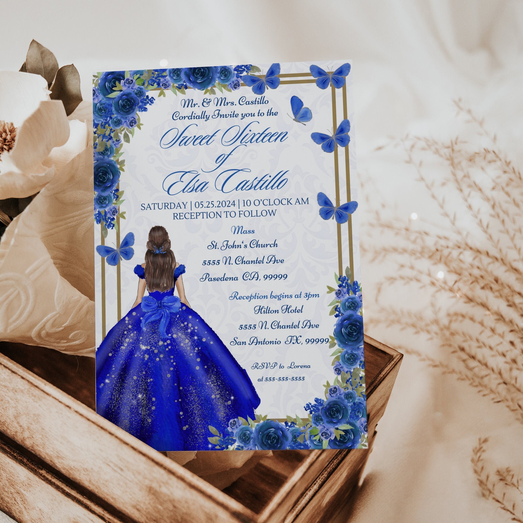 Royal Blue Floral Sweet 16 Invitation, Sweet Sixteen, Floral Invite for ...