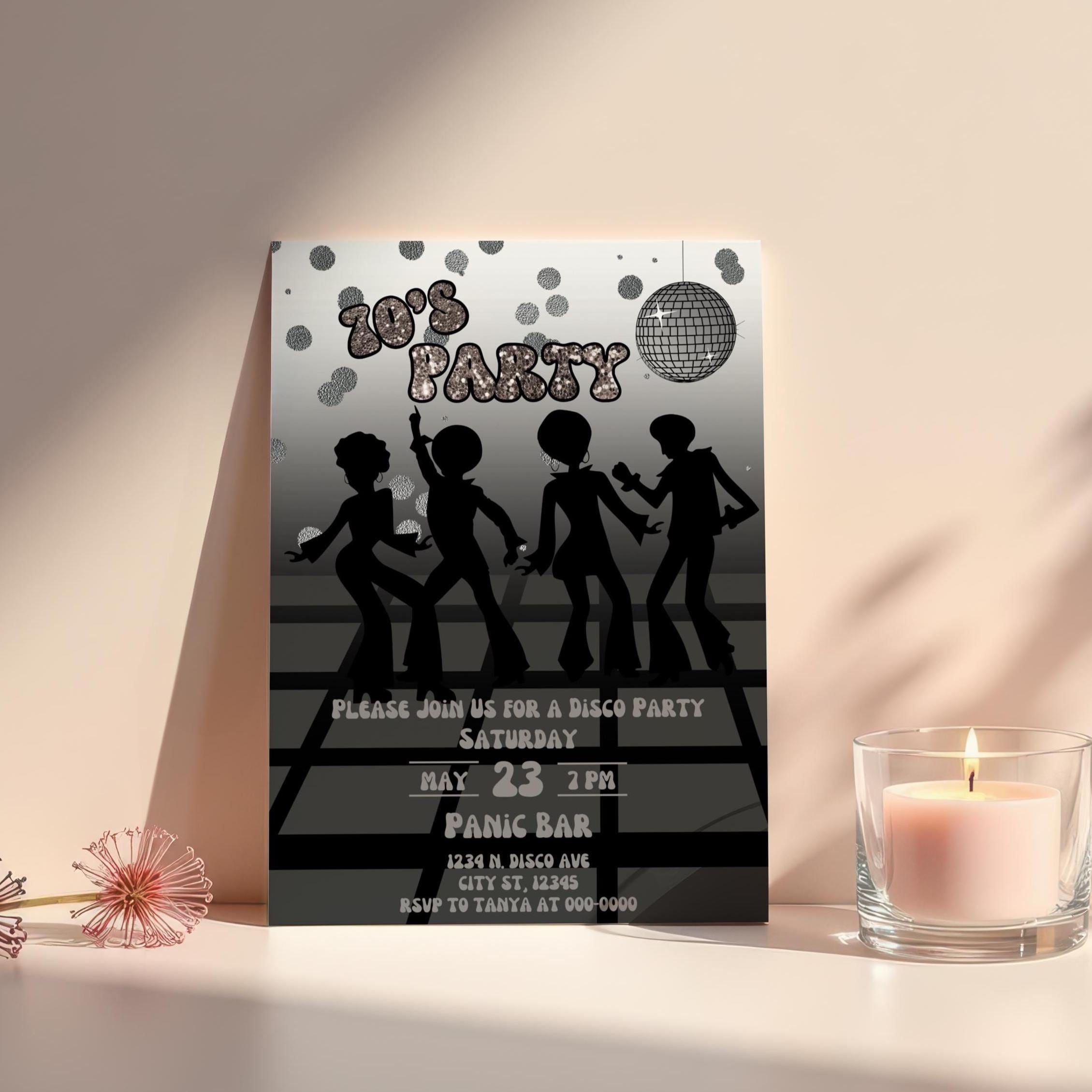 70s Disco Party Invite Template, Silver Black Glitter, Disco Invitation ...