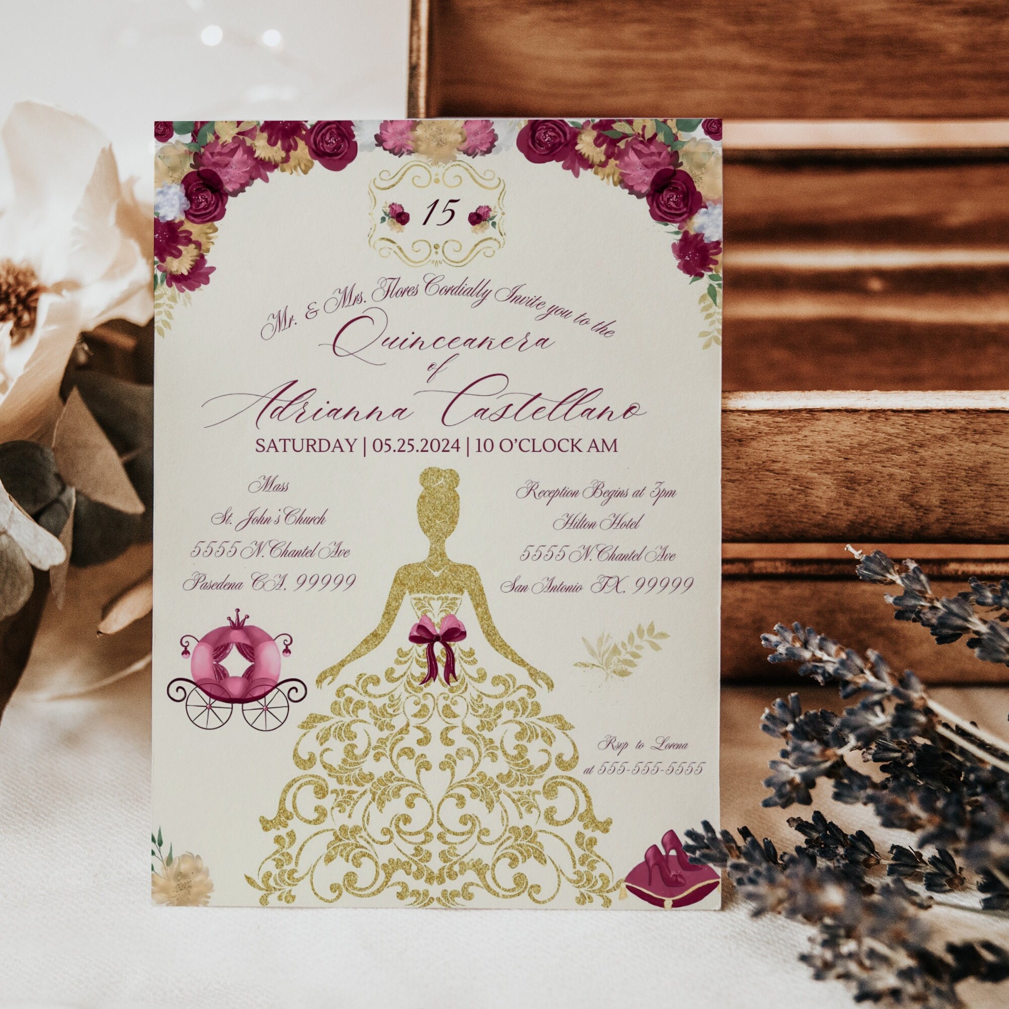 Burgundy Quinceañera Invitation Template, Princess Quince, Burgundy and ...