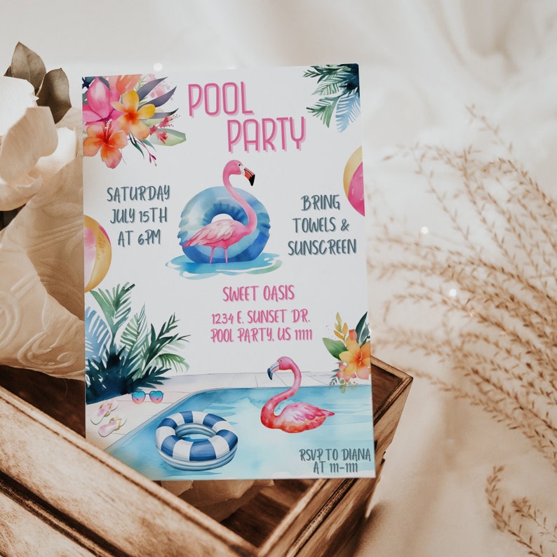 Tropical Flamingo Pool Party Invitation Template, Summer Invitation ...