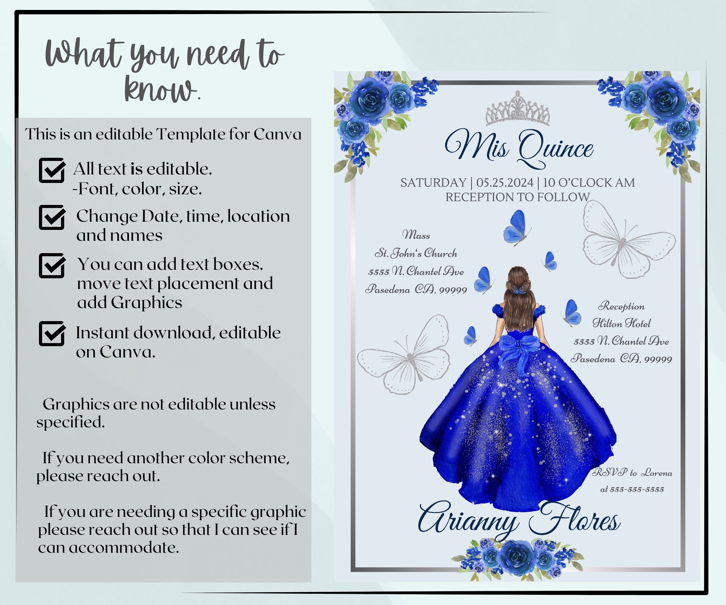 Blue Quinceañera Invitation Template, Quince Customizable Royal Blue ...