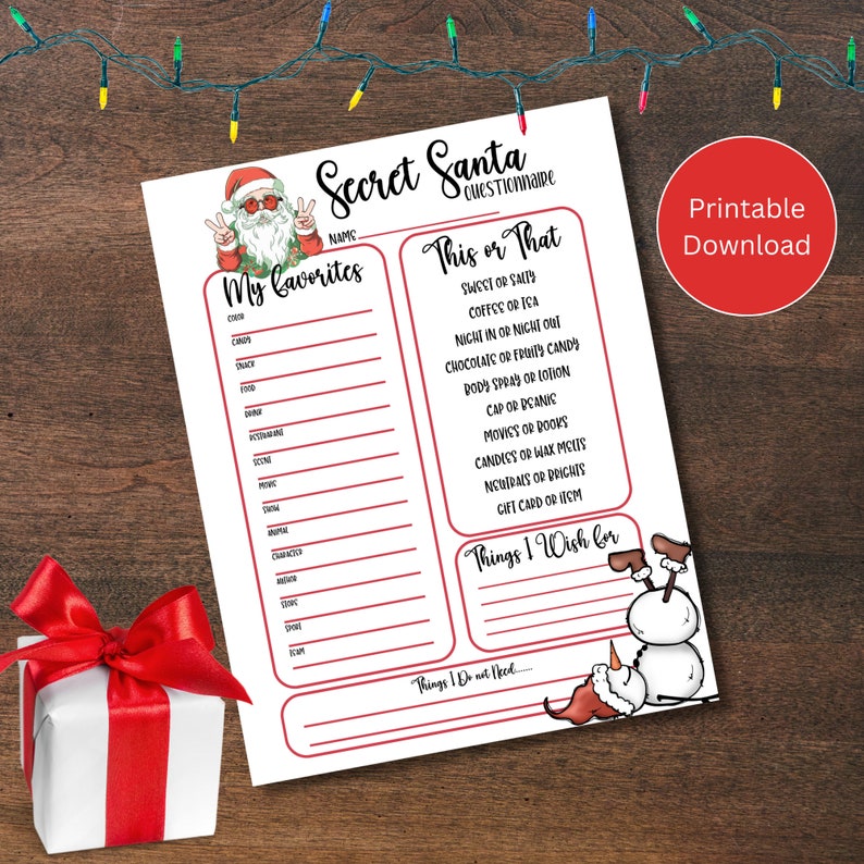 Secret Santa Questionnaire Printable Holiday Fun for Coworkers or ...
