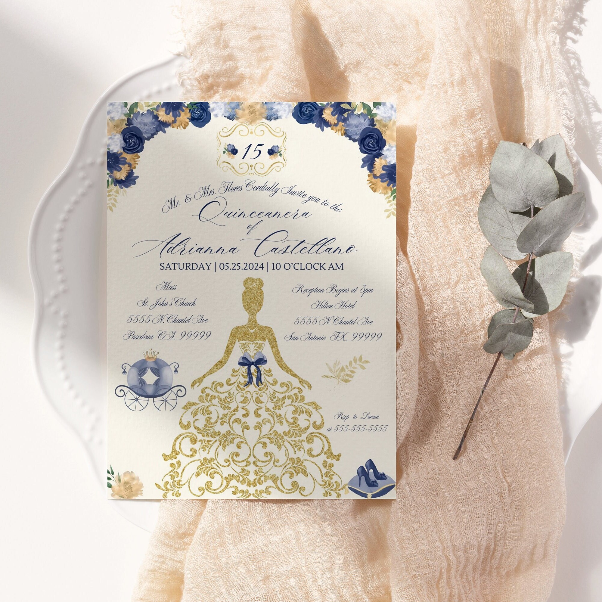 Blue Quinceañera Invitation Template, Princess Quince, Customizable ...