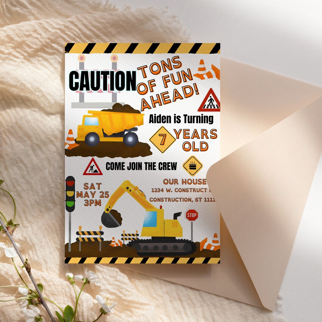 Excavator Digger Birthday Invitation, Dump Truck Invite, Construction ...