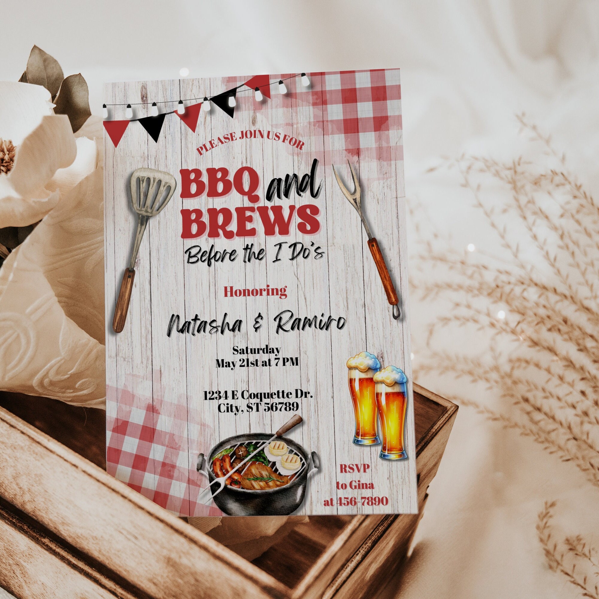 Red Plaid BBQ and Brews Rehearsal Dinner Invitation Template, Backyard ...