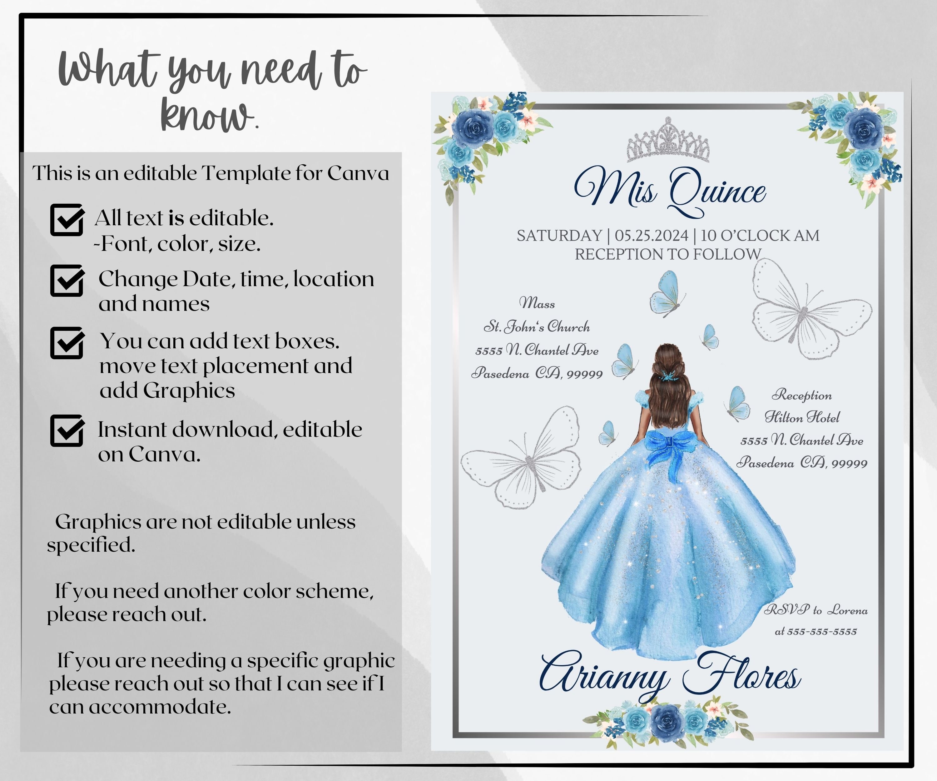 Blue Quinceañera Invitation Template, 15 Anos, Customizable Light Blue ...