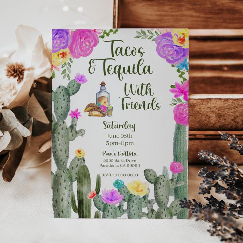 Tacos and Tequila Fiesta Invitation, Womens Night Desert Floral ...