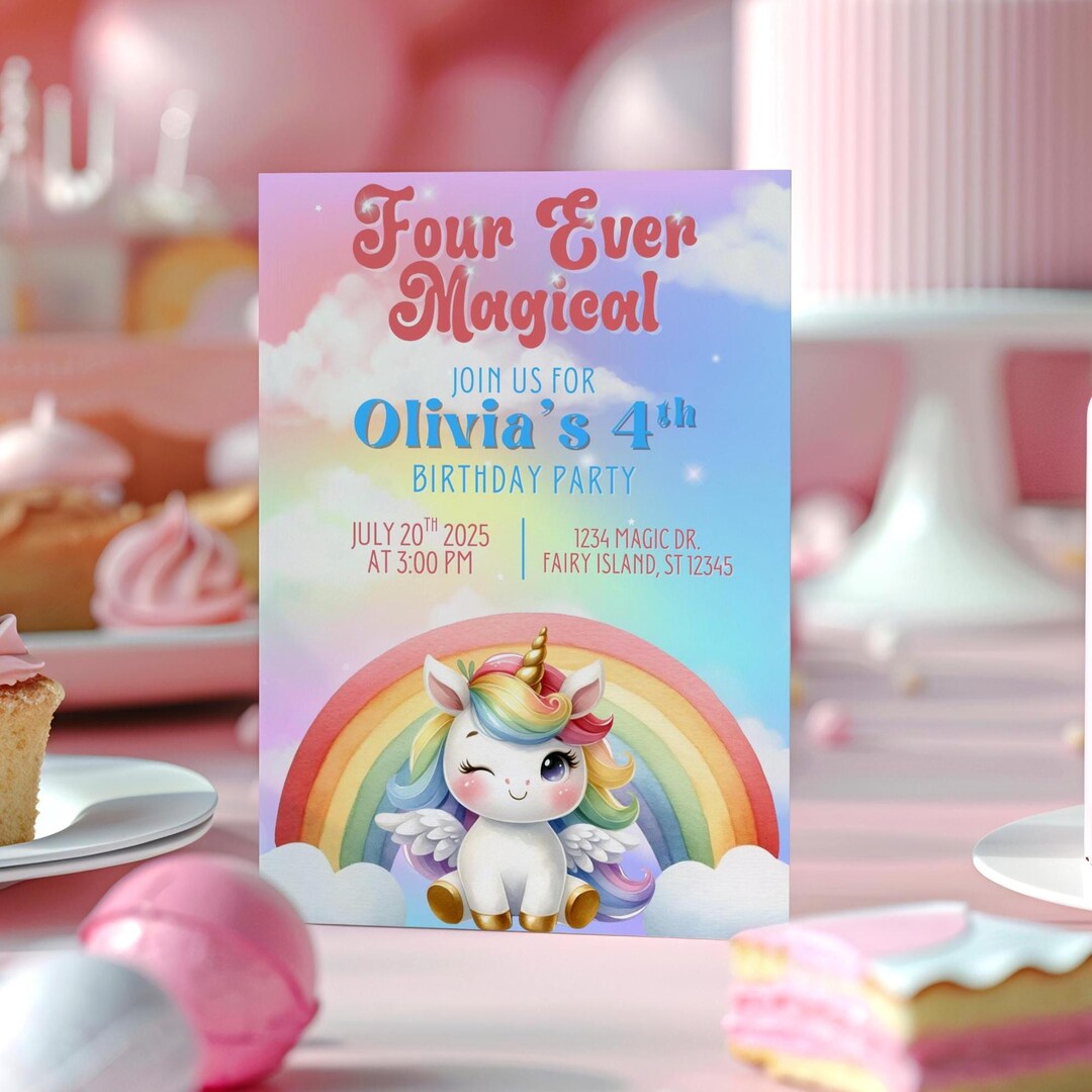Four Ever Magical 4th Birthday Invitation, Unicorn 4th Birthday ...