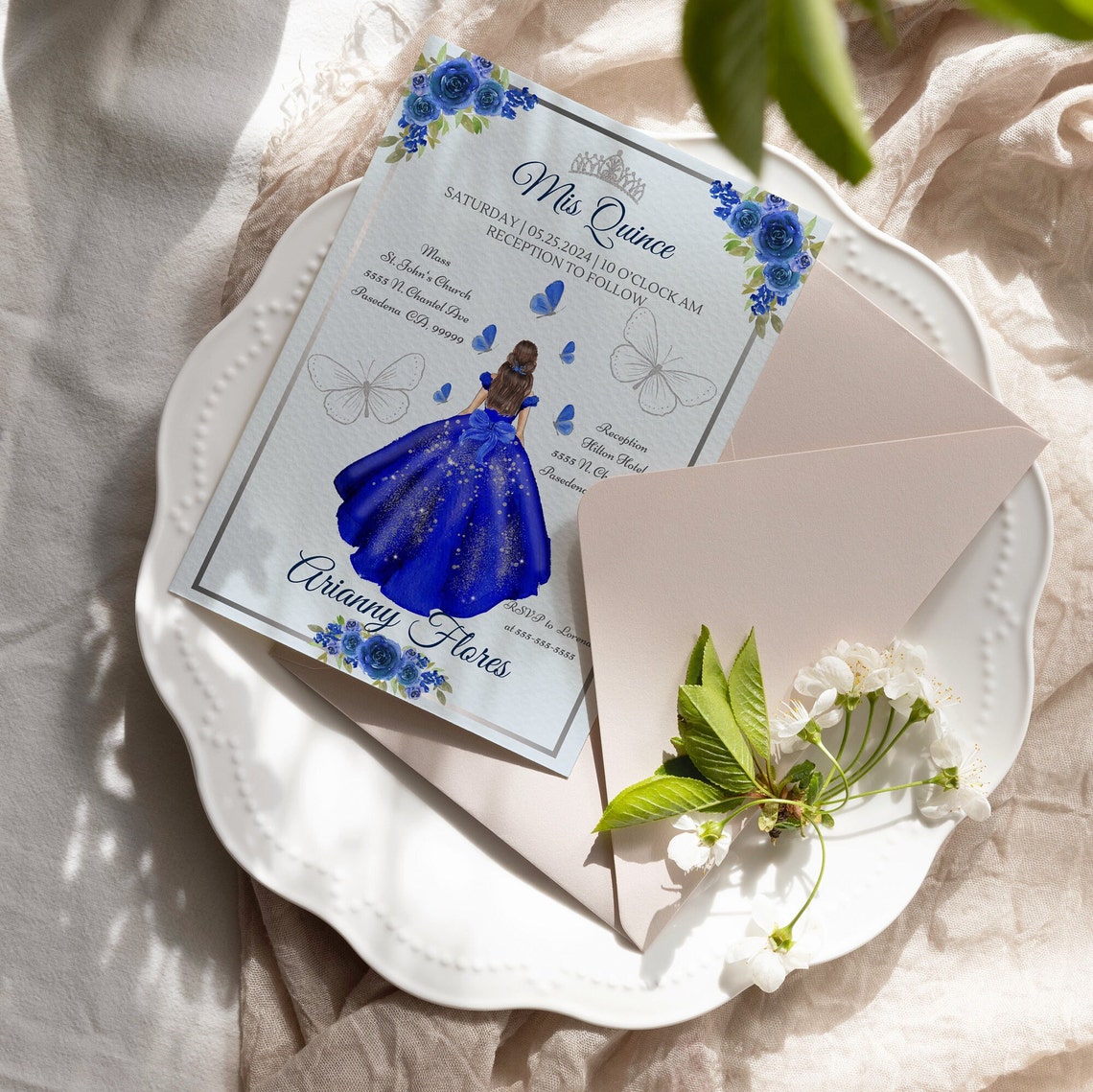 Blue Quinceañera Invitation Template, Quince Customizable Royal Blue ...