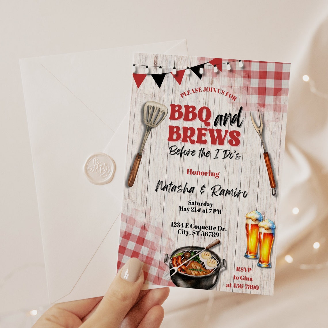 Red Plaid BBQ and Brews Rehearsal Dinner Invitation Template, Backyard ...