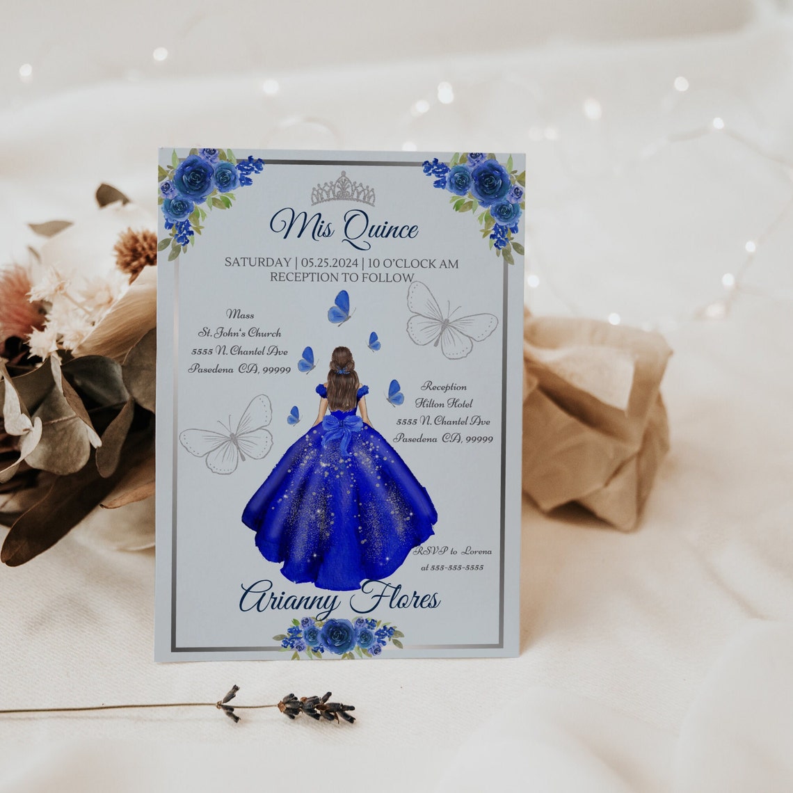 Blue Quinceañera Invitation Template, Quince Customizable Royal Blue ...