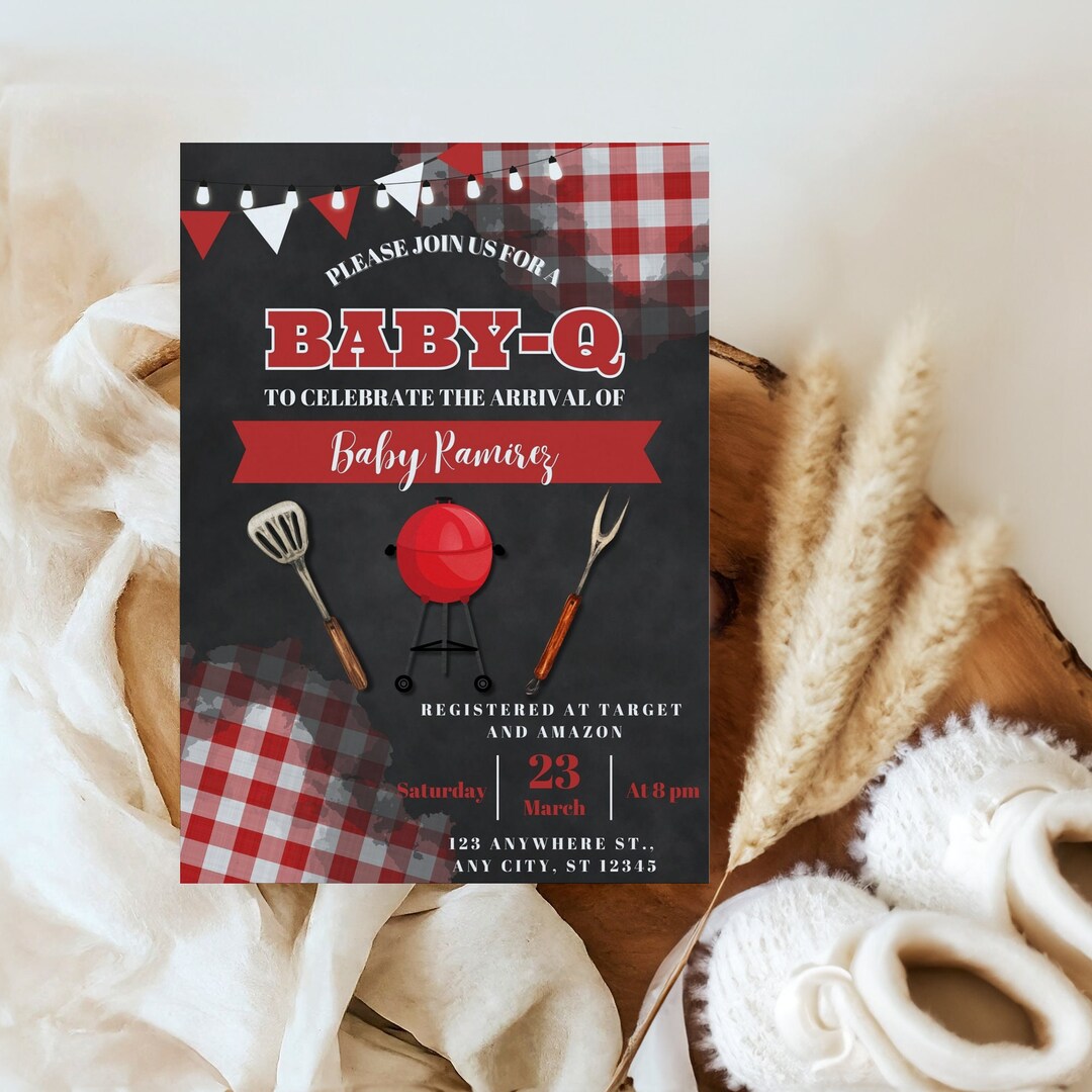 BBQ Baby Shower Invitation, Baby Q Invite, Black and Red, Coed Backyard ...