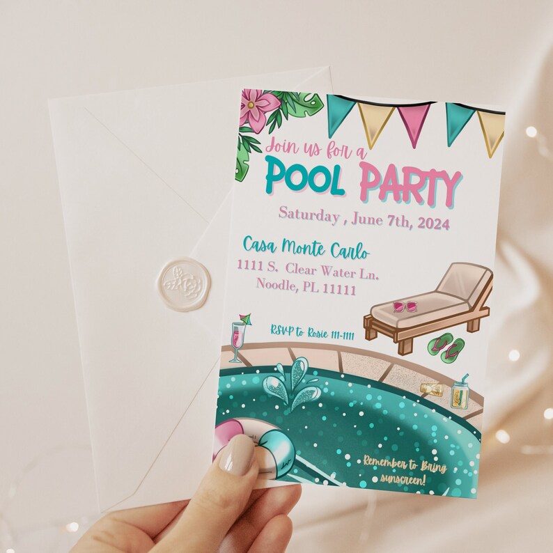 Cute Colorful Pool Party Invitation Template, Summer Invitation ...