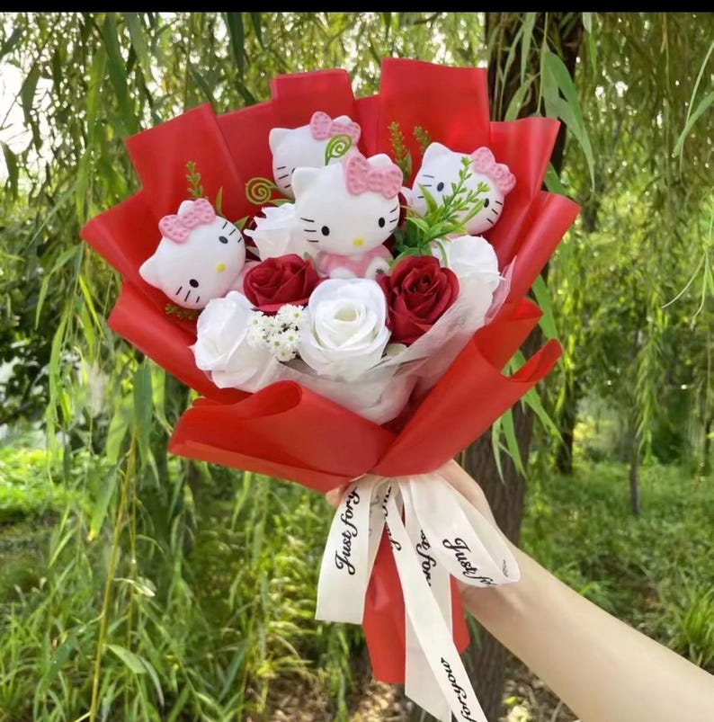 Kawaii Hello Kitty Cat Dolls With Artificial Flowers Creative Bouquet ...