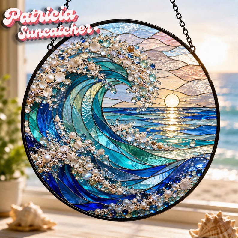 Ocean Wave Suncatcher, Seashell Glass Art, Coastal Beach House Window ...