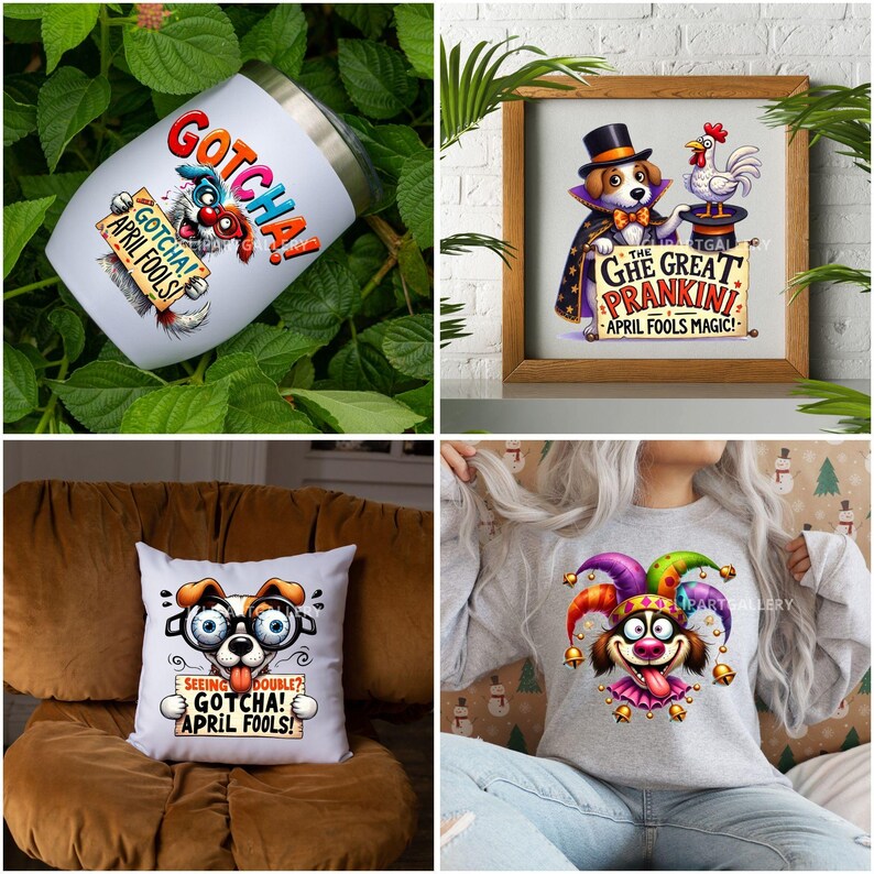 April Fools Dog Clipart Bundle, Funny Prankster Puppy PNG, Clown Dog ...