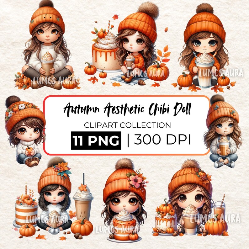 Watercolor Chibi Doll PNG Clipart Bundle With Pumpkin Spice Latte ...