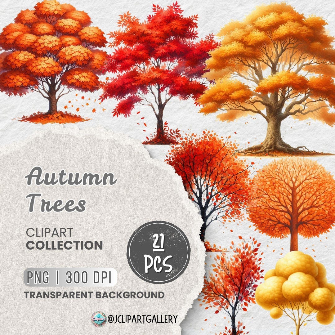 Autumn Trees Clipart PNG Bundle, Watercolor Autumn Tree Clipart, Fall ...