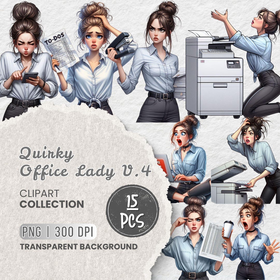 Quirky Office Lady Clipart, Funny Work Girl in Blue Shirt, Corporate ...