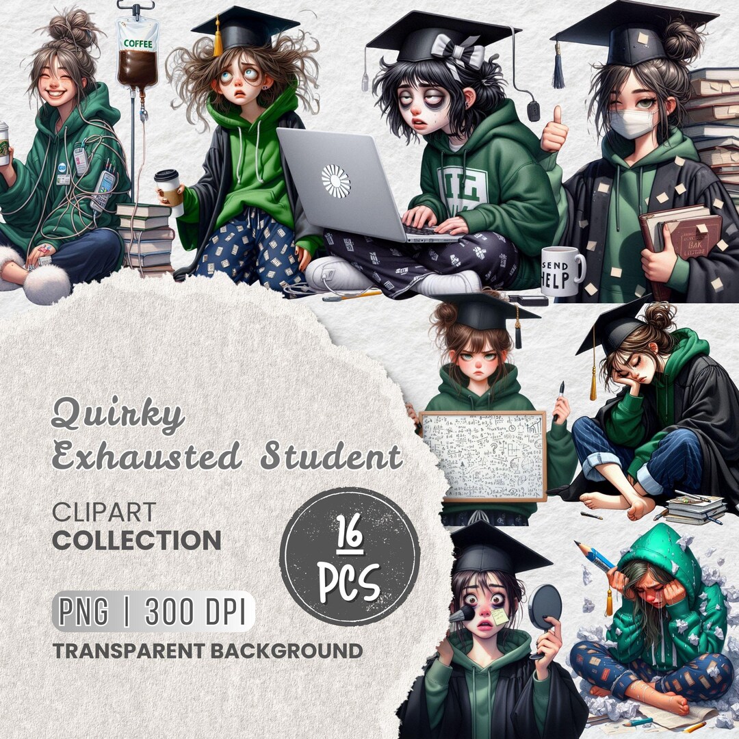 Quirky Exhausted Student Clipart, Funny College Girl, Quirky Studying ...