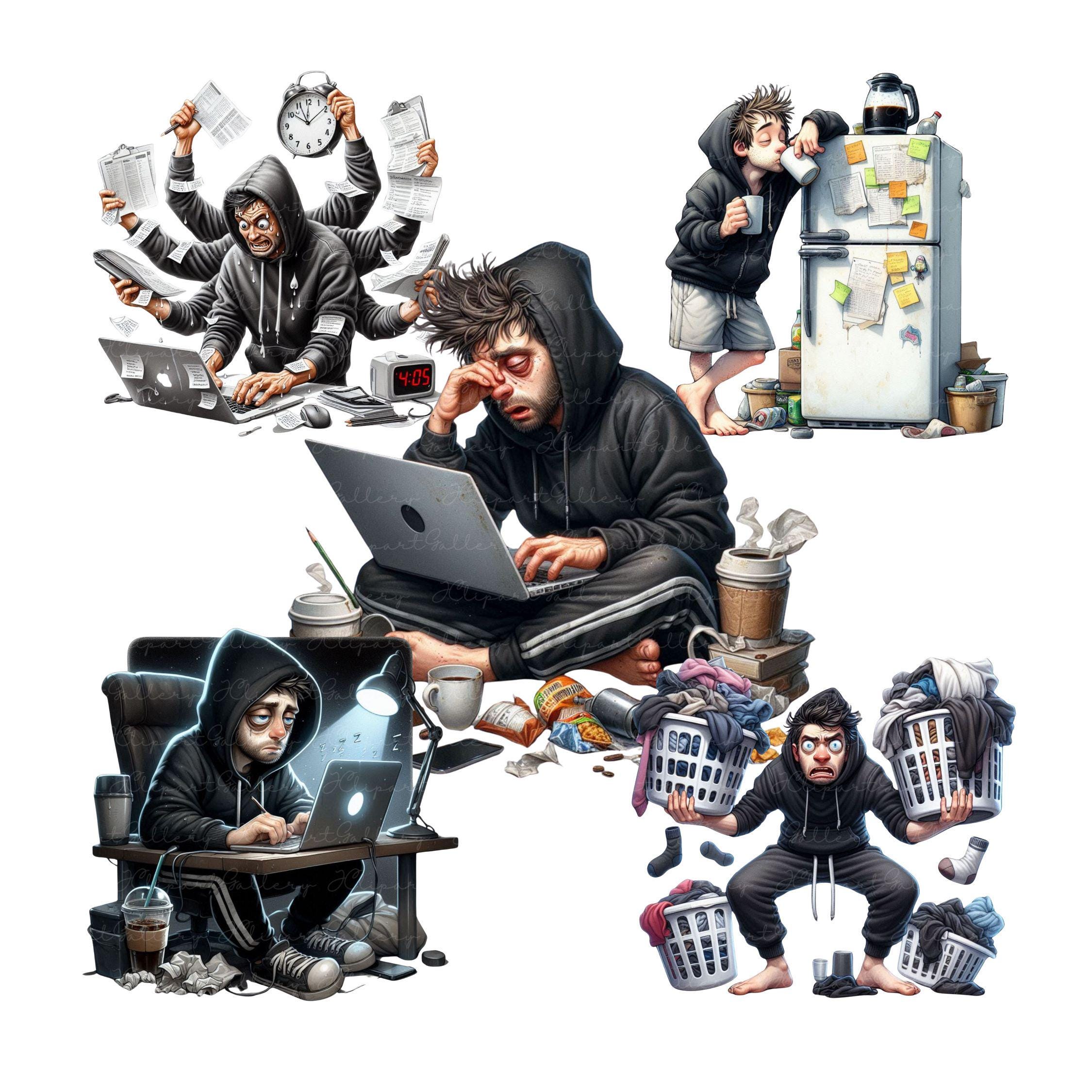 Quirky Sleepy Men Clipart, Lazy Tired Guy Clipart, Funny Sleep Deprived ...