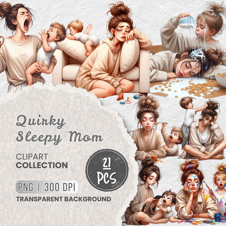 Quirky Sleepy Mom Clipart, Exhausted Motherhood Chaos, Funny Mom Life ...