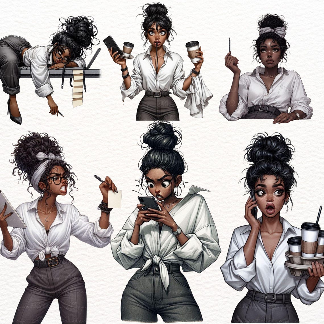 Overtime Queen Black Woman Clipart, Busy Office Lady, Working Hard Girl ...