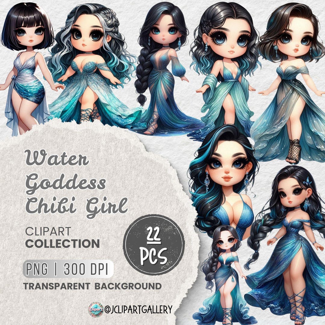 Water Goddess Chibi Girl PNG Clipart Bundle, Aqua-themed Fashion PNG ...