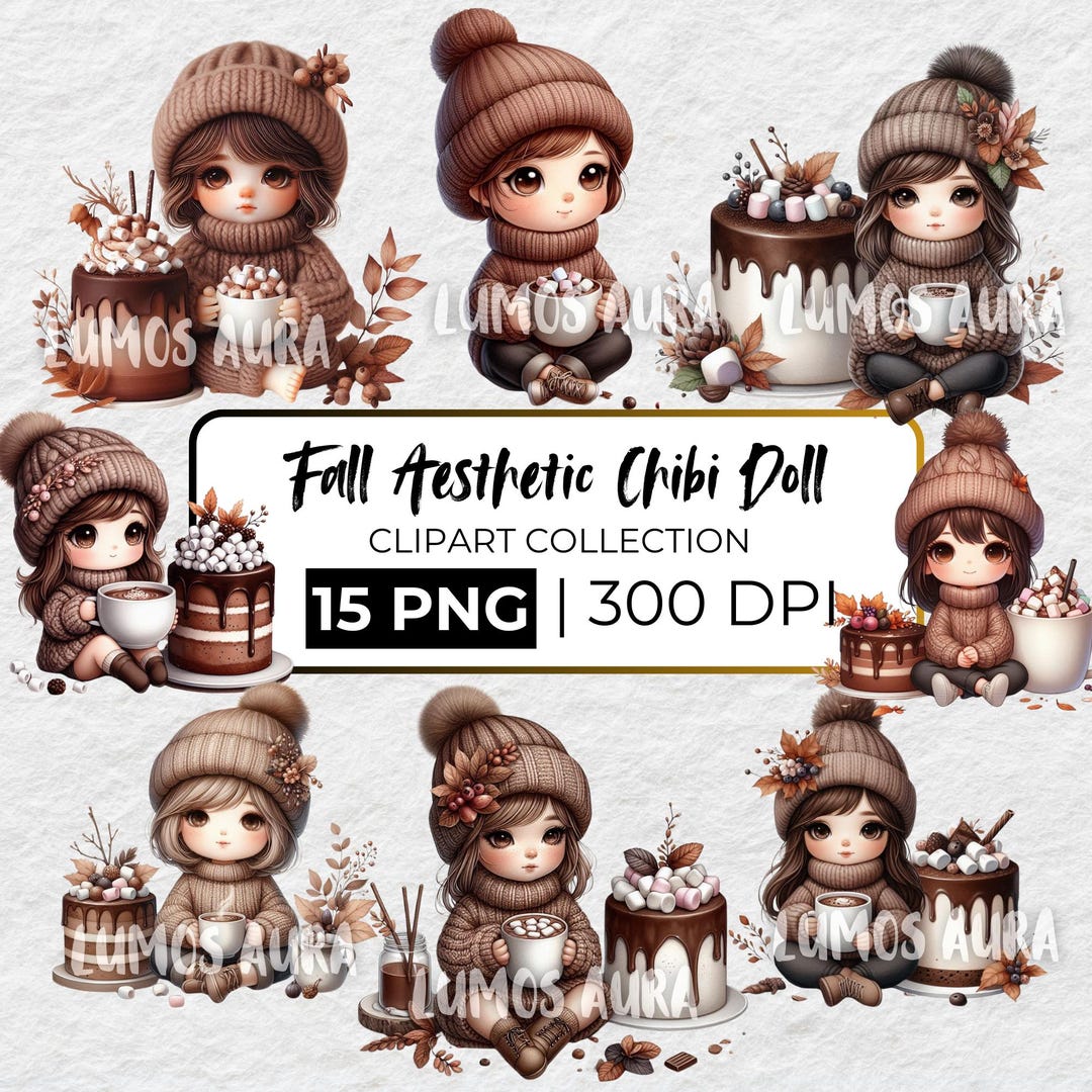 Realistic Watercolor Fall Aesthetic Chibi Doll PNG Clipart Bundle ...