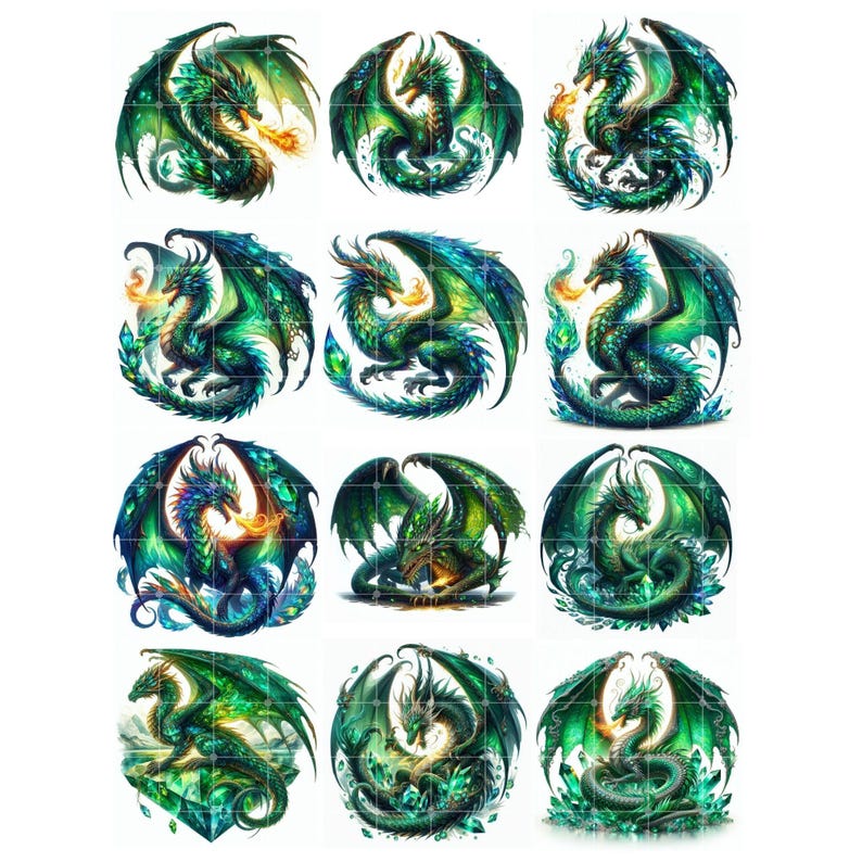 Green Emerald Dragon JPEG Clipart Bundle, Watercolor Fantasy Dragon PNG ...