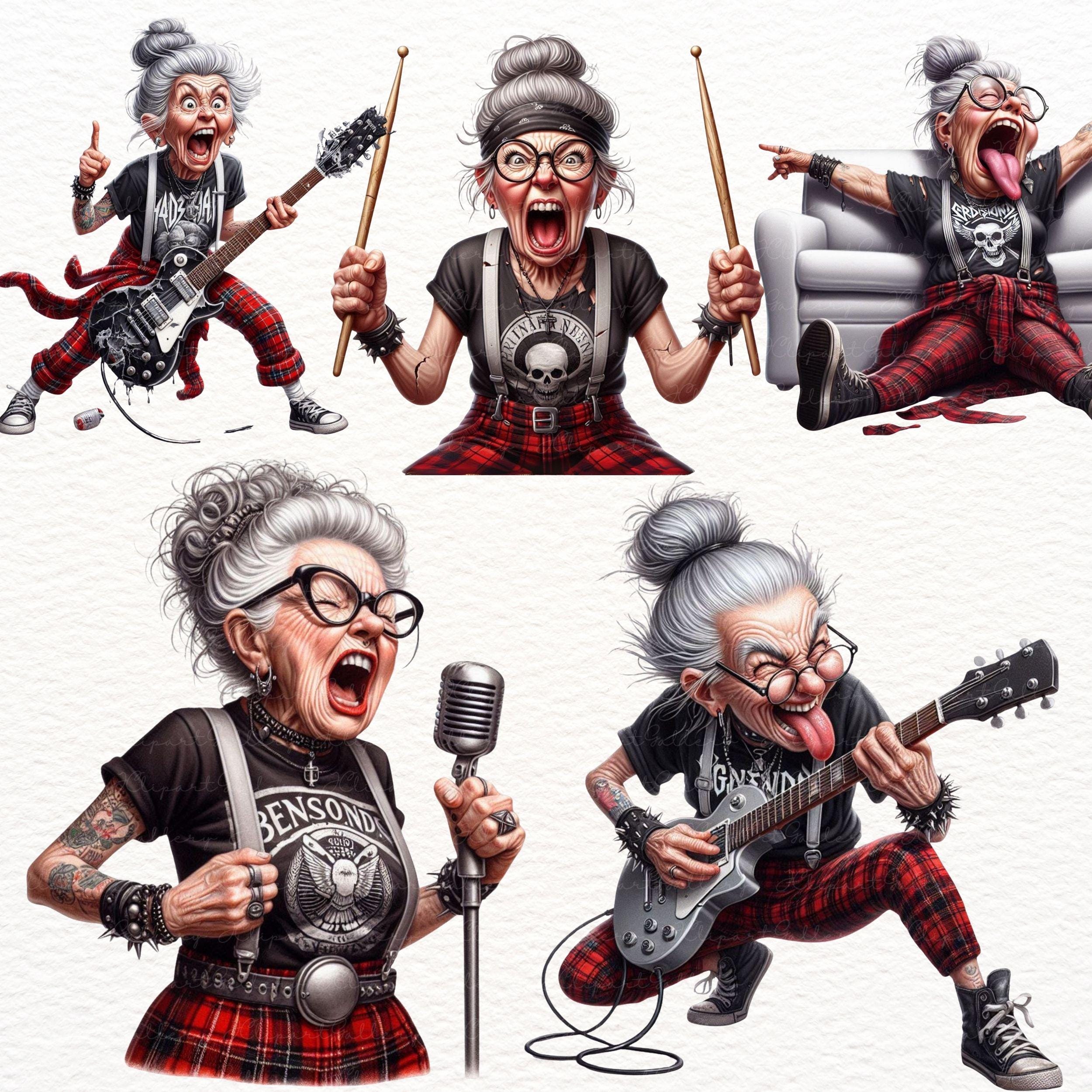 Quirky Rockstar Grandma Clipart, Funny Punk Granny, Musician Grandma ...