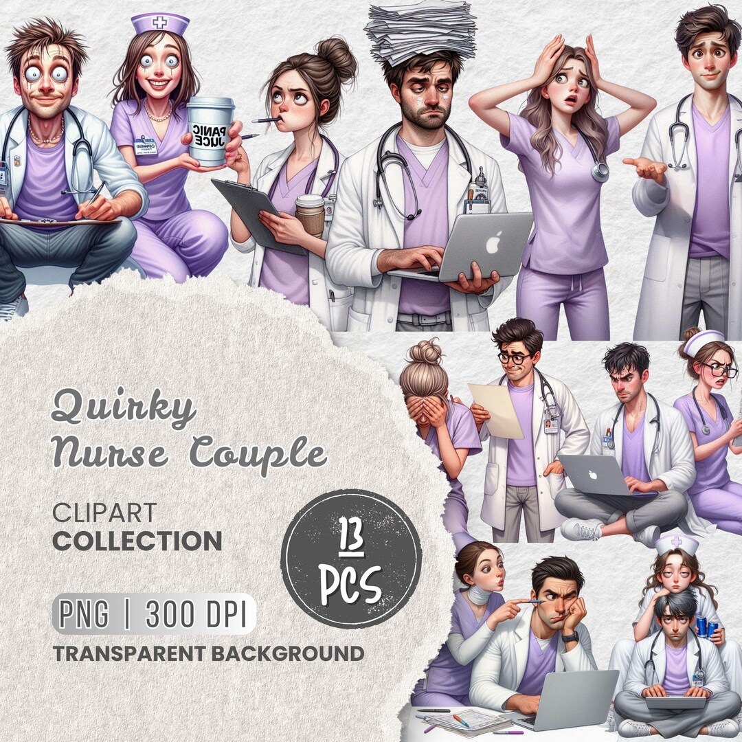 Quirky Nurse Couple Clipart Bundle, Funny Nurse Life PNG Set, Medical ...
