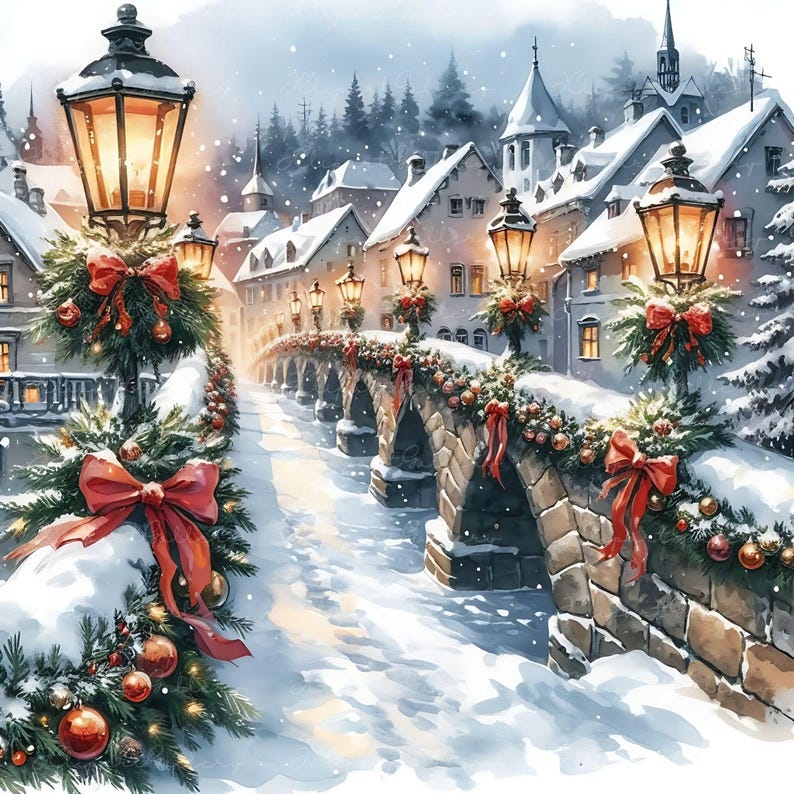 Christmas Winter Bridge Clipart, Snowy Holiday Bridge Illustrations ...