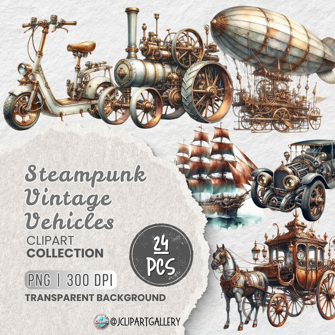 Steampunk Vehicles Clipart PNG Bundle, Retro Futuristic Graphics, High ...