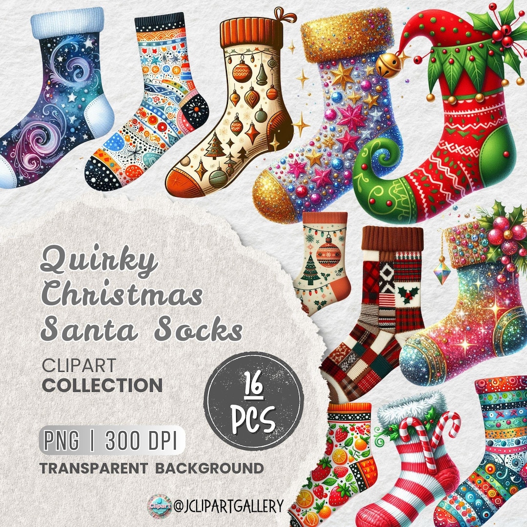 Watercolor Quirky Christmas Socks PNG Clipart Bundle, Santa Clipart ...
