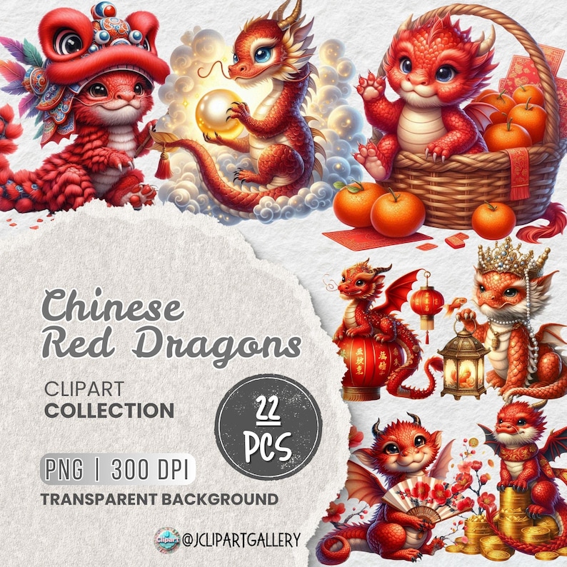 Chinese Red Baby Dragon Clipart Bundle PNG, Adorable Lunar New Year ...