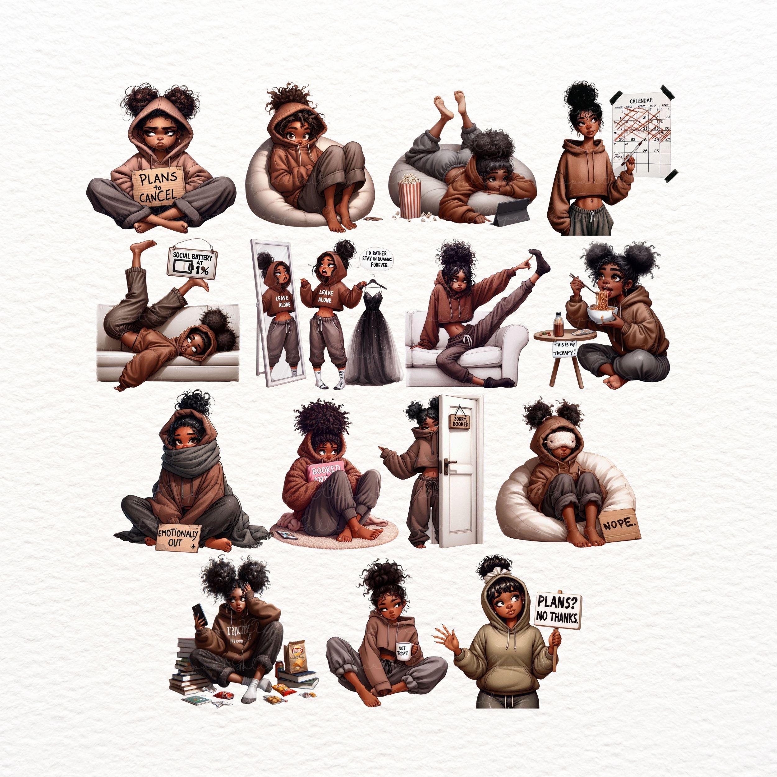 Quirky Introvert Black Girl Clipart, Social Battery Low Girl, Afro ...