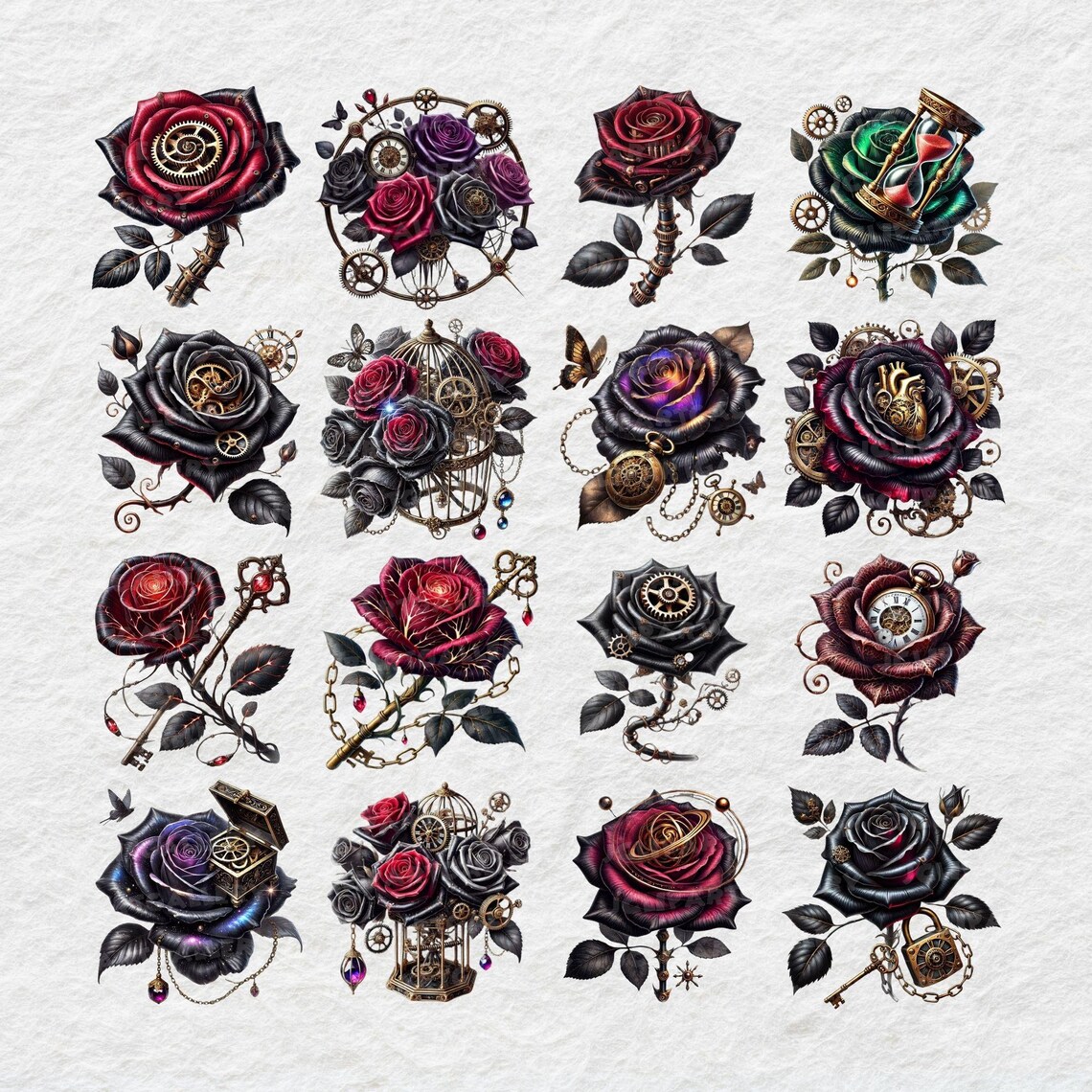 Steampunk Gothic Rose Clipart Bundle, Gothic Floral PNG, Red and Black ...