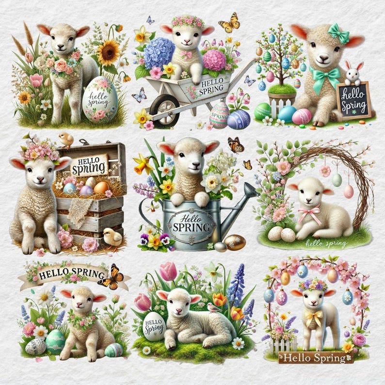 Hello Spring Lamb Clipart Png Bundle , Cute Floral Sheep PNG With ...
