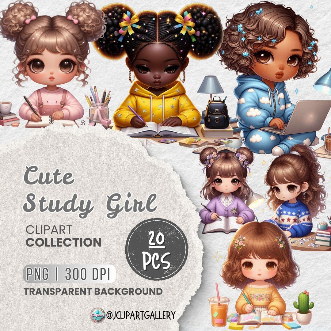 Cute Study Girl Clipart Bundle, Adorable Chibi Characters, Kawaii ...