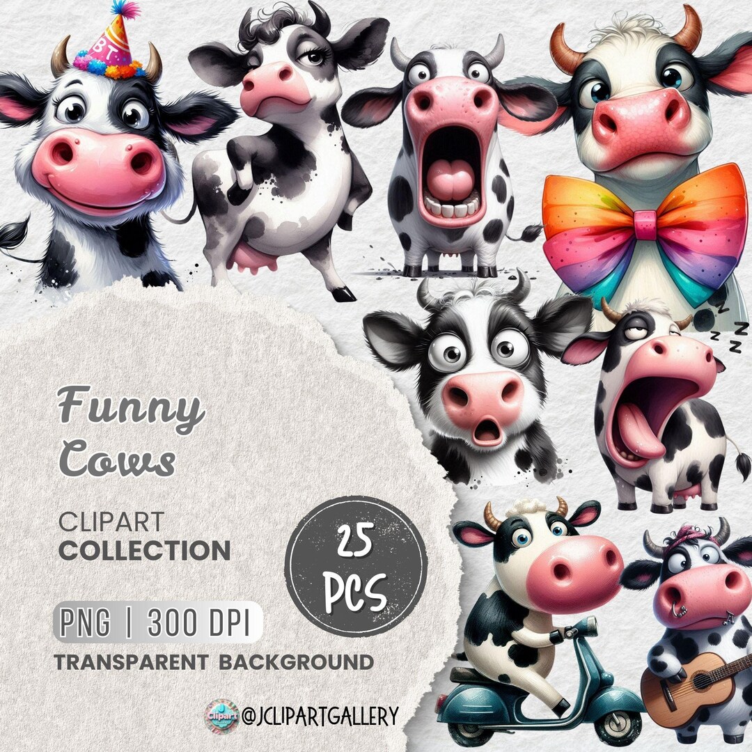 Funny Cute Cow PNG Clipart Bundle, Farm Cow Clipart, Watercolor Cows ...