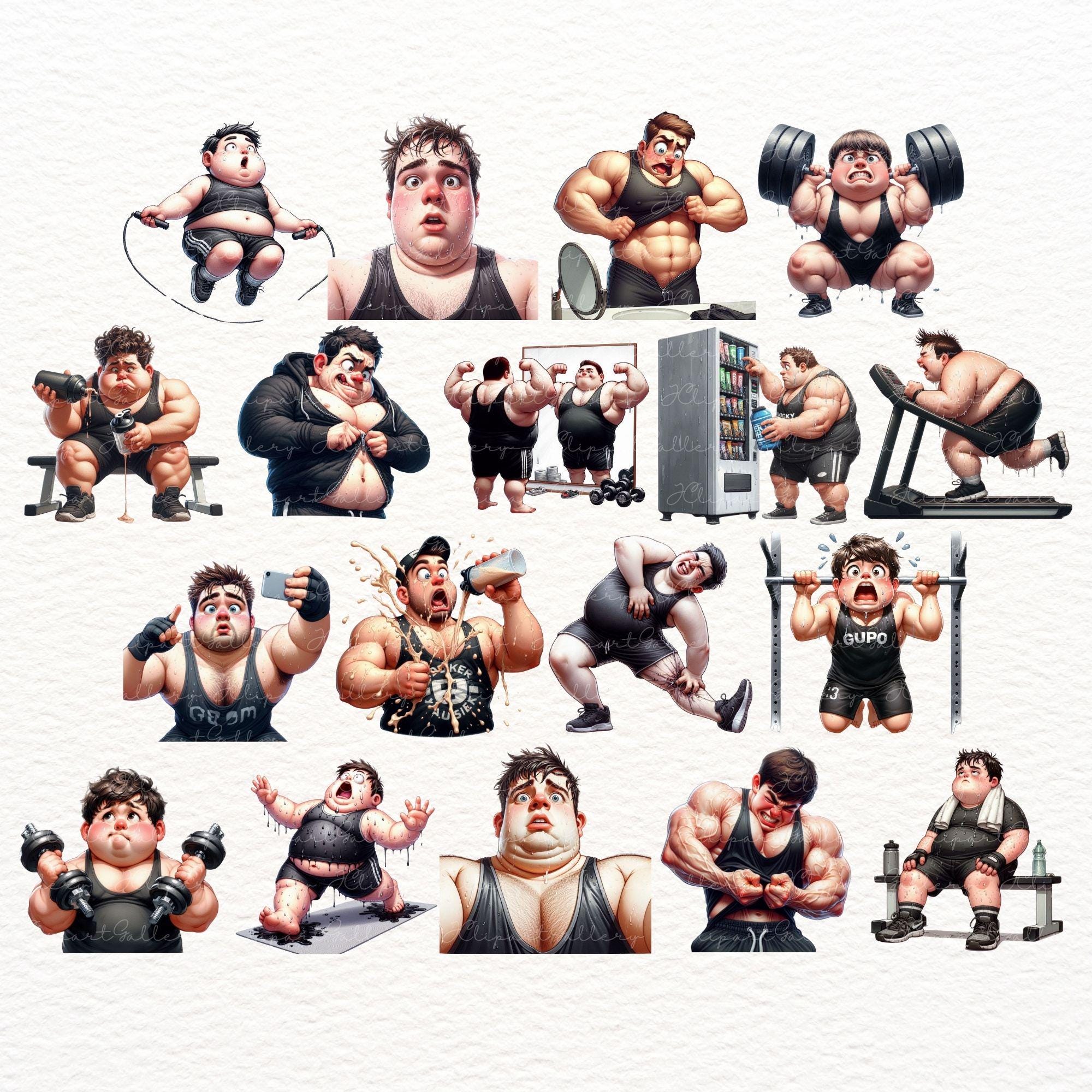 Funny Fat Guy Workout Clipart Bundle, Gym Humor PNG, Cute Chubby Guy ...