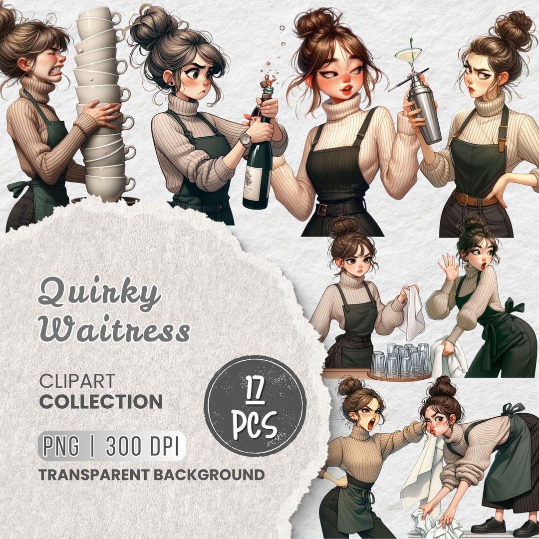 Quirky Waitress Clipart Bundle, Funny Cafe Girl PNG, Coffee Shop ...