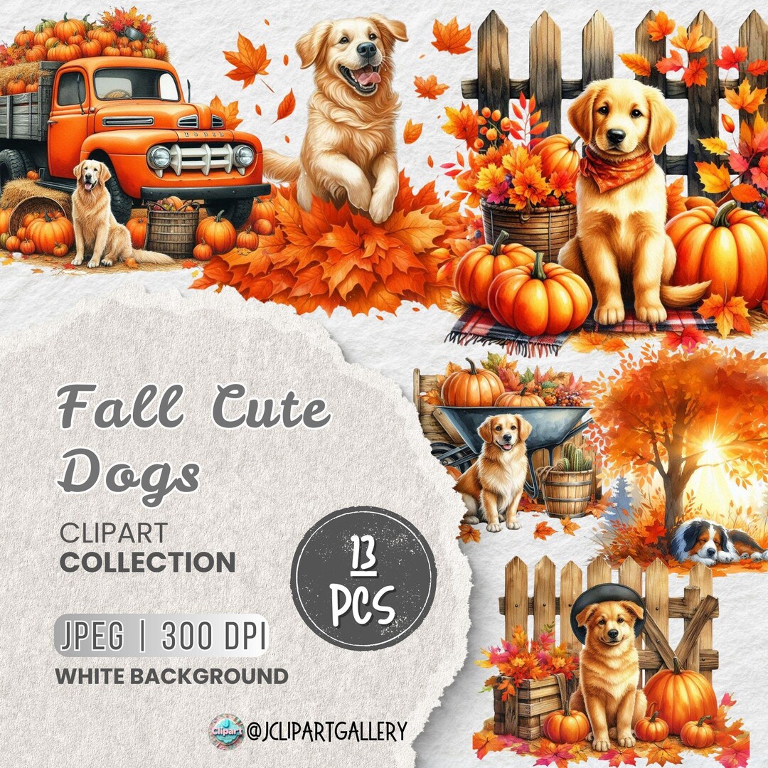 Fall Dog JPEG Clipart Bundle, Pumpkin Patch Dog Illustrations, Cute ...